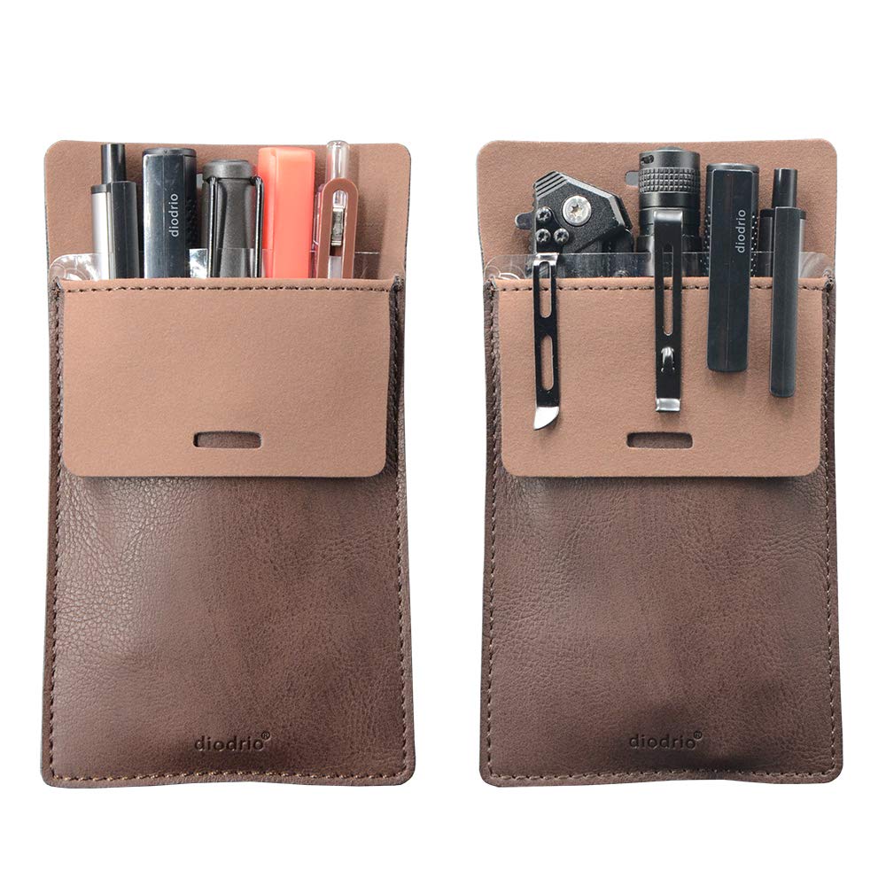 diodrio Pocket Protector, Leather Pen Pouch Holder Organizer, for Shirts Lab Coats, Hold 5 Pens, Designed to Keep Pens Inside When Bend Down. No Breaking of Pen Clip. Thick PU Leather, 2 Per Pack.