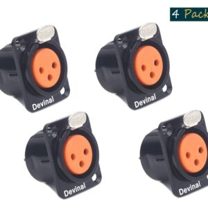 Devinal XLR Female Jack 3 Pin - Chassis Panel Mount Jacks D Series Size, Black Metal Housing - Fits Series D Pattern Holes Audio Studio Connector - 4 Pack