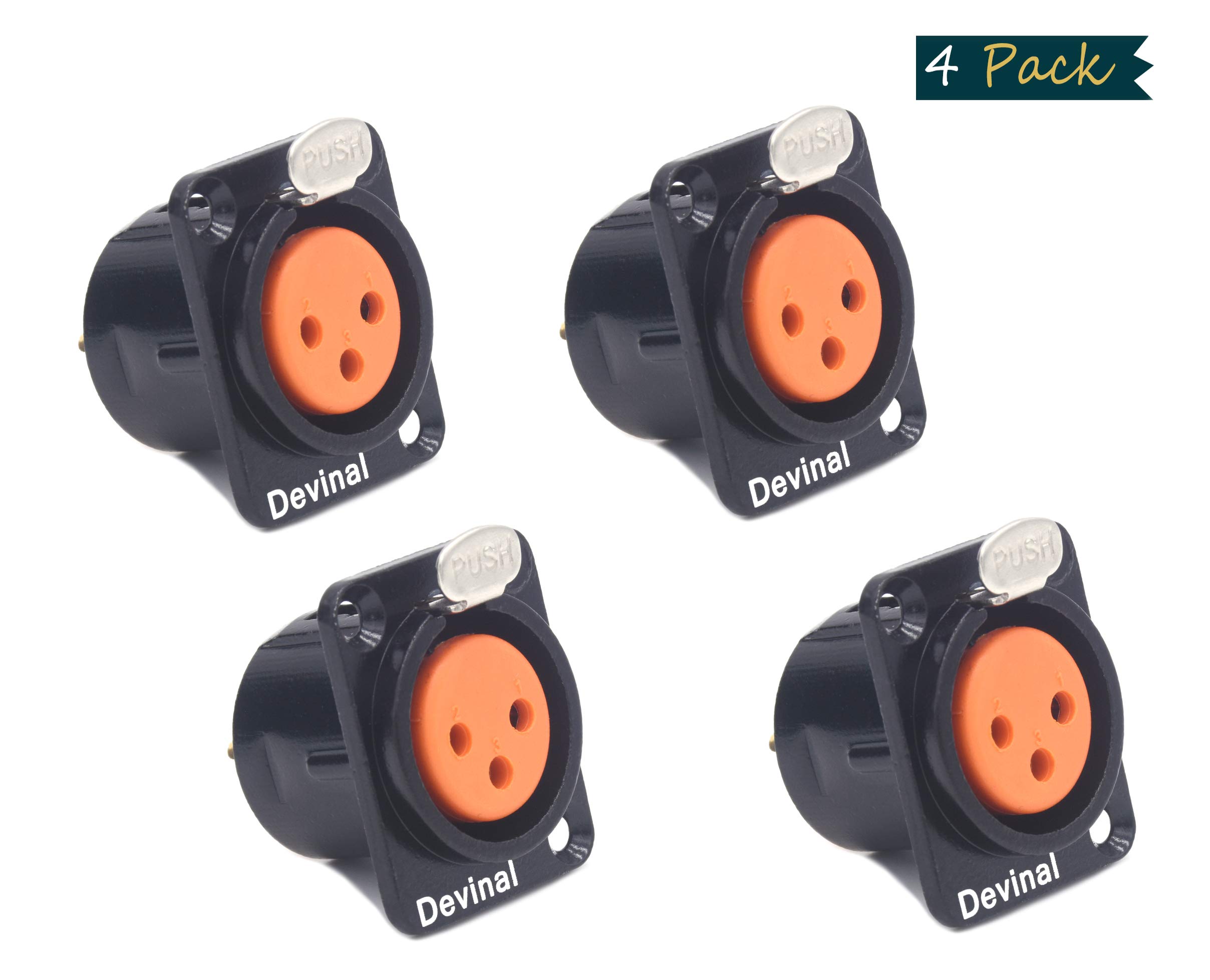 Devinal XLR Female Jack 3 Pin - Chassis Panel Mount Jacks D Series Size, Black Metal Housing - Fits Series D Pattern Holes Audio Studio Connector - 4 Pack