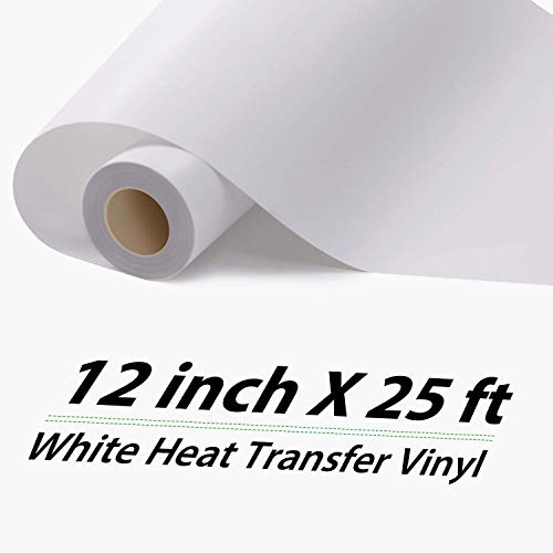 HTVRONT White Iron on Vinyl Roll - 12" x 25ft Heat Transfer Vinyl, Clothing Heavy Duty White HTV Vinyl, Easy Cutting & Weeding