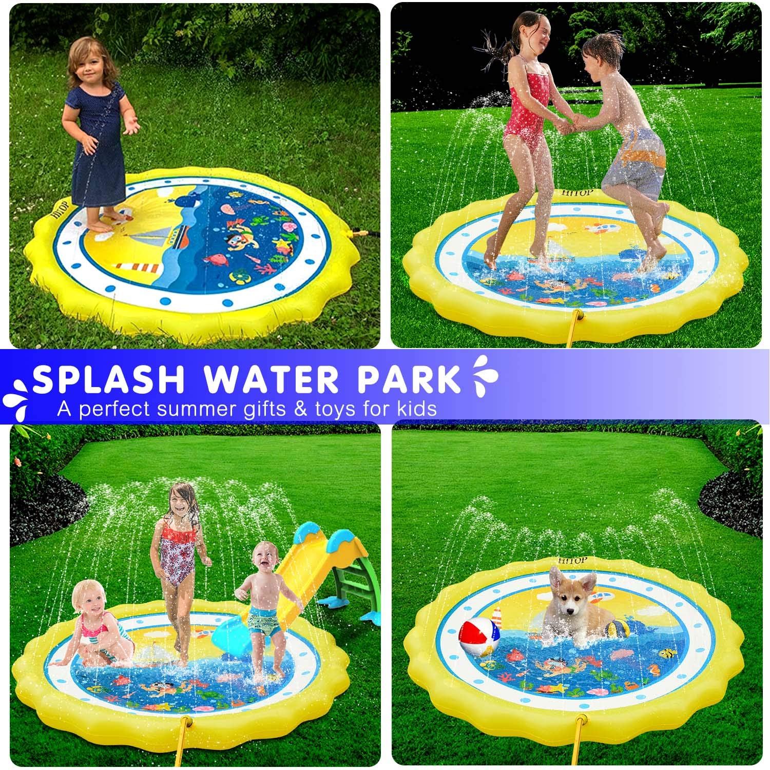 HITOP Kids Sprinklers for Outside, Splash Pad for Toddlers & Baby Pool 3-in-1 60" Water Toys Gifts for 1 2 3 4 5 Year Old Boys Girls Splash Play Mat (Ocean)