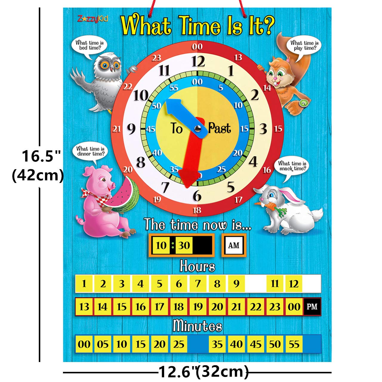 ZazzyKid Tell Time Teaching Clock for Kids: 12.6 x 16.5 inches Board with Magnetic Game Numbers