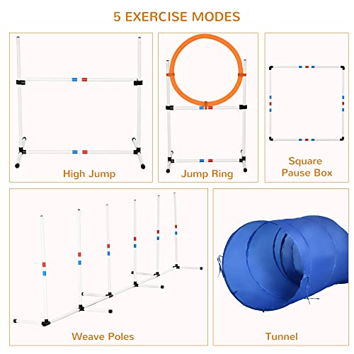 PawHut Dog Agility Equipments, 5 Pieces Obstacle Courses Training Starter Kit, Pet Outdoor Games of Tunnel, Dog Jump, Hoop, Weave Poles, Pause Box and Easy Carry Case