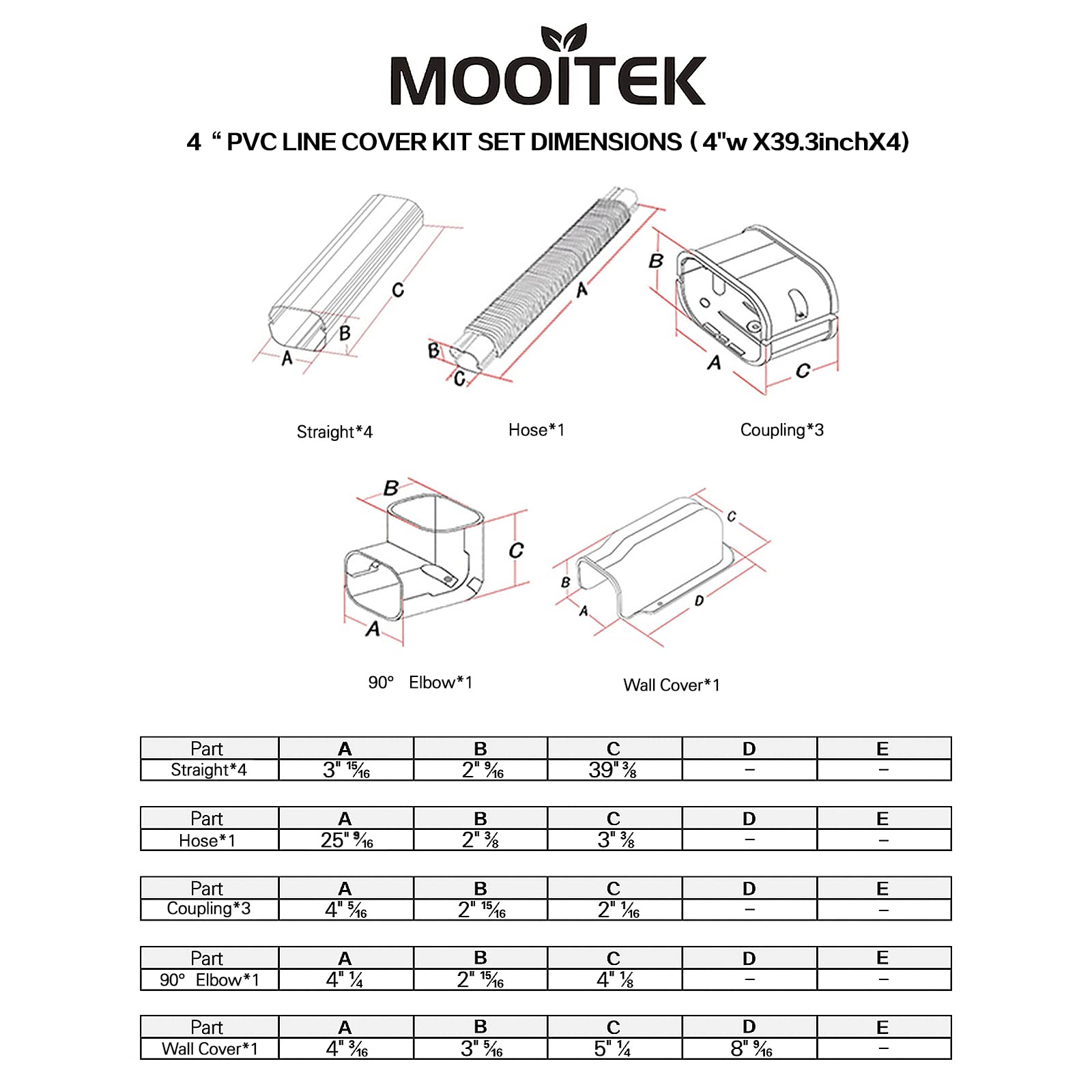 MOOITEK 4" 16.5Ft PVC Decorative Line Set Cover Kit for Ductless Mini Split Air Conditioners Heat Pump System and Central AC(Total Length 16.5Ft), White