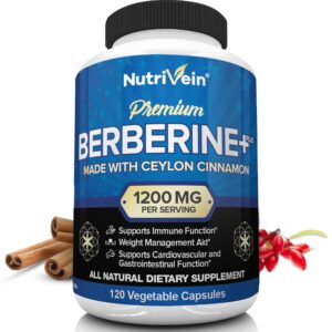 nutrivein premium berberine hcl 1200mg plus organic ceylon cinnamon - 120 capsules - supports immune system, weight management - berberine hci supplement