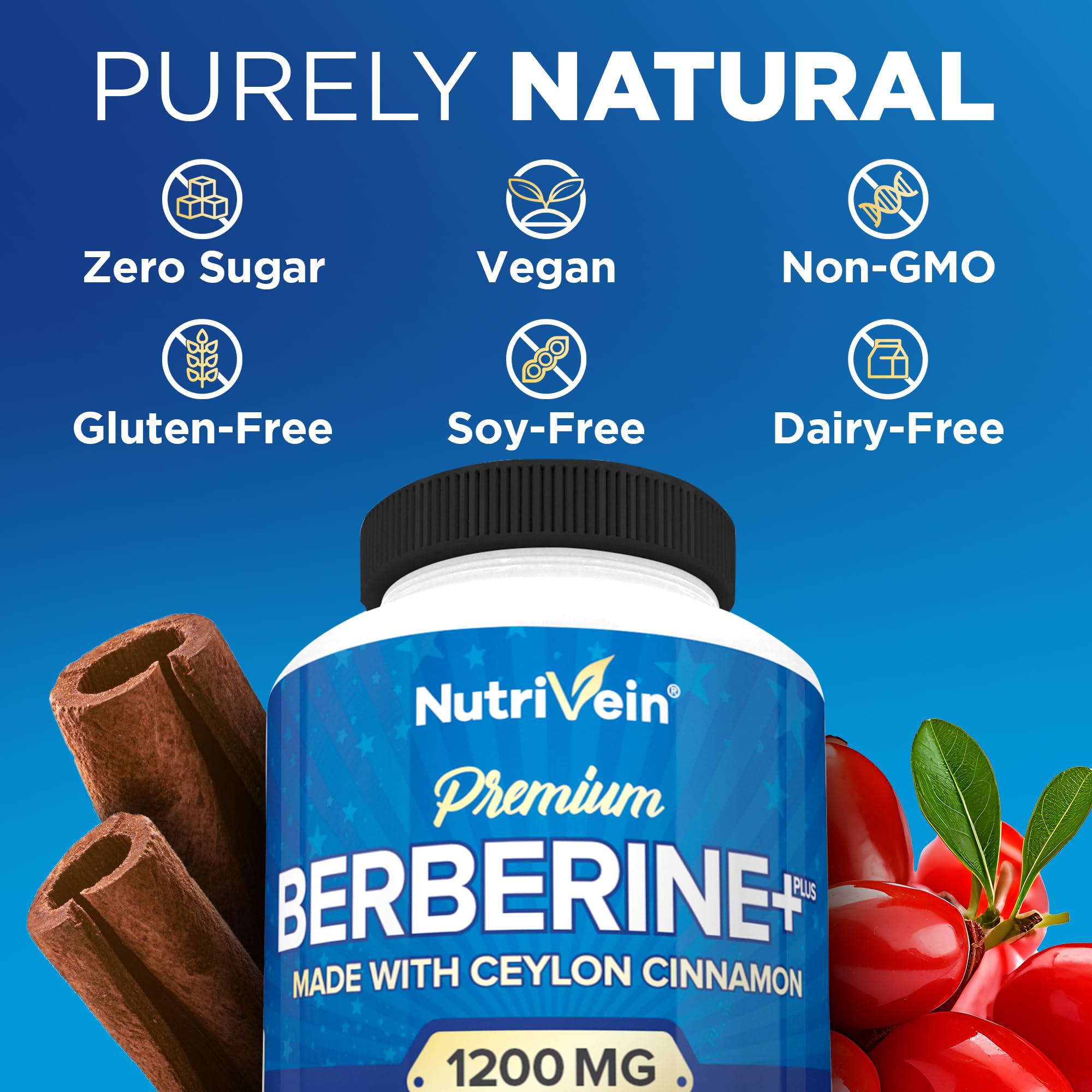 Nutrivein Premium Berberine HCL 1200mg Plus Organic Ceylon Cinnamon - 120 Capsules - Supports Immune System, Weight Management - Berberine HCI Supplement