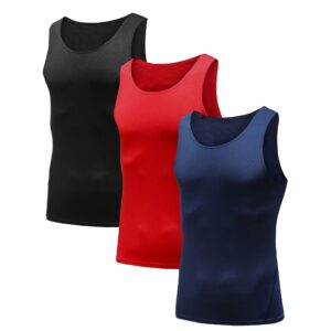 HIBETY 3 Packs Men's Sleeveless Compression Tank Top,Base Layer Compression Undershirts Dri Fit Workout Sports Shirts Tops(Black/Blue/Red-04-L)