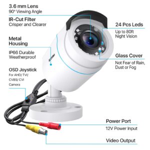 ZOSI 2.0MP FHD 1080p Security Camera Outdoor/Indoor (Hybrid 4-in-1 HD-CVI/TVI/AHD/960H Analog CVBS),24PCS LEDs,80ft Night Vision,Weatherproof Surveillance CCTV Bullet Camera