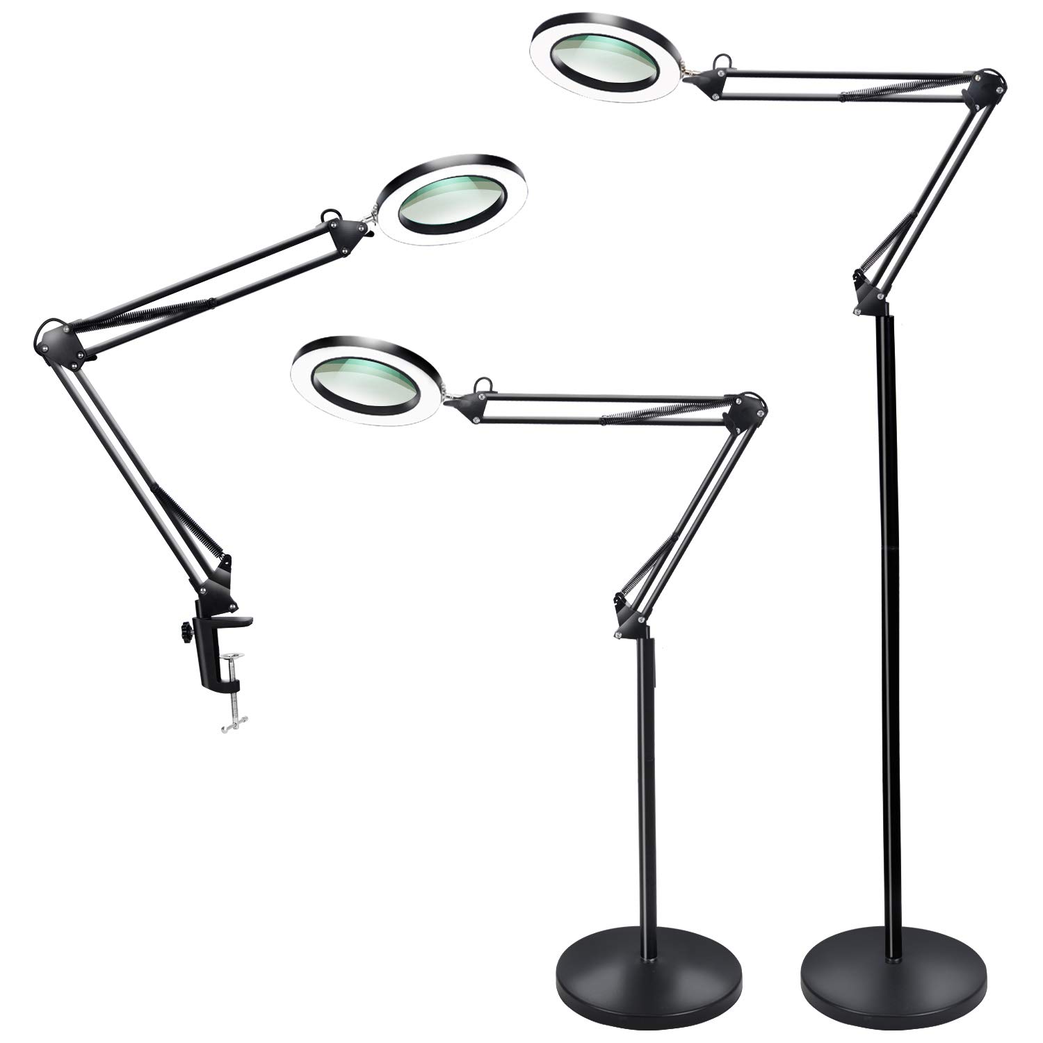 Psiven Magnifying Glass Floor Lamp, Dimmable LED Magnifying Lamp with Clamp - 12W, 3 Lighting Modes, 5 Diopter, Height Adjustable - Super Bright Floor Lamp with Magnifier for Reading, Craft, Task