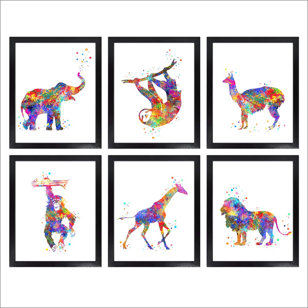 Dignovel Studios Unframed (Set of 6) 8X10 Elephant Sloth Alpaca Chimpanzee Giraffe Lion Watercolor Wild Animal Prints Baby Art Print Set Nursery Decor dnc6