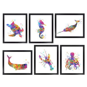 dignovel studios unframed (set of 6) 8x10 ocean life wall art print watercolor sea turtle sea horse whale lobster octopus print set kids room decor dnc7