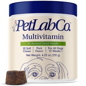 petlab co. 22 in 1 dog multivitamin - support dog's immune response, skin, coat, joints & overall health - vitamins a, e, d, b12, minerals, antioxidants - chewable pork flavor