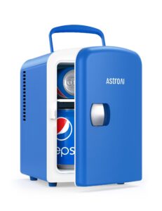 astroai mini fridge, 4 liter/6 can ac/dc portable thermoelectric cooler refrigerators for skincare, beverage, food, home, office and car, etl listed (blue)