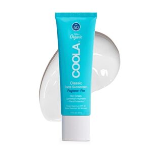 coola organic face sunscreen spf 50 sunblock lotion, dermatologist tested skin care for daily protection, vegan and gluten free, fragrance free, 1.7 fl oz.