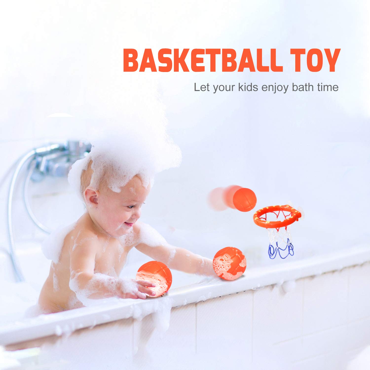 zoordo Bath Toys Bathtub Basketball Hoop Balls Set for Toddlers Kids with Strong Suction Cup Easy to Install,Fun Games Gifts in Bathroom,3 Balls Included ( Only Stick on Smooth Surface )