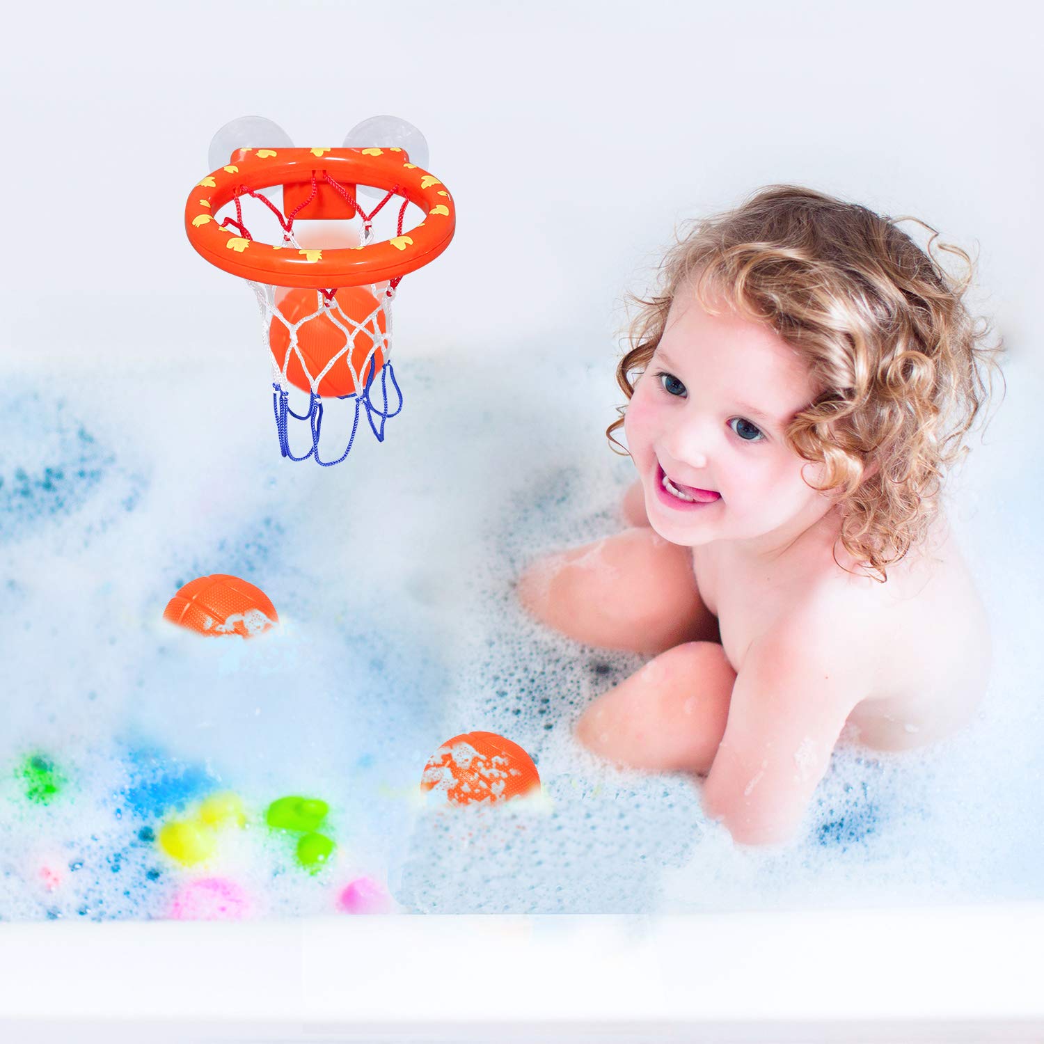 zoordo Bath Toys Bathtub Basketball Hoop Balls Set for Toddlers Kids with Strong Suction Cup Easy to Install,Fun Games Gifts in Bathroom,3 Balls Included ( Only Stick on Smooth Surface )