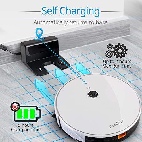 Pure Clean Robotic Vacuum Cleaner - 1100Pa Suction - Wifi Mobile App and Gyroscope Mapping - Ultra Thin 2.9” Height Cleans Carpets and Hardwood Floor - PUCRC455