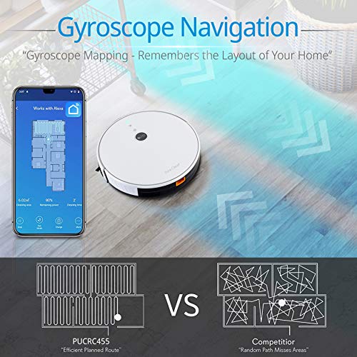 Pure Clean Robotic Vacuum Cleaner - 1100Pa Suction - Wifi Mobile App and Gyroscope Mapping - Ultra Thin 2.9” Height Cleans Carpets and Hardwood Floor - PUCRC455