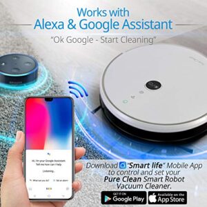 Pure Clean Robotic Vacuum Cleaner - 1100Pa Suction - Wifi Mobile App and Gyroscope Mapping - Ultra Thin 2.9” Height Cleans Carpets and Hardwood Floor - PUCRC455