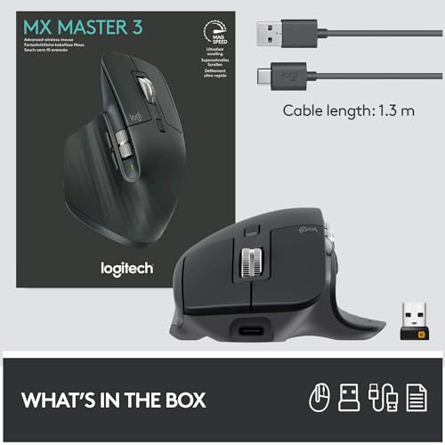 Logitech MX Master 3 Advanced Wireless Mouse, Ultrafast Scrolling, Ergonomic, 4000 DPI, Customization, USB-C, Bluetooth, USB, Apple Mac, Microsoft PC Windows, Linux, iPad - Graphite