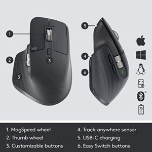 Logitech MX Master 3 Advanced Wireless Mouse, Ultrafast Scrolling, Ergonomic, 4000 DPI, Customization, USB-C, Bluetooth, USB, Apple Mac, Microsoft PC Windows, Linux, iPad - Graphite