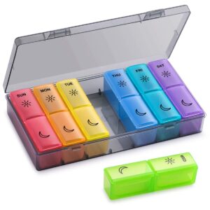 bug hull pill organizer 2 times a day, large weekly pill box am pm, 7 day pill case, day and night vitamin containers for vitamins, pill holder for supplements