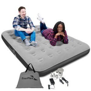 enerplex camping air mattress with built in pump - queen blow up mattress for travel & guests - portable bed for adults and kids - grey