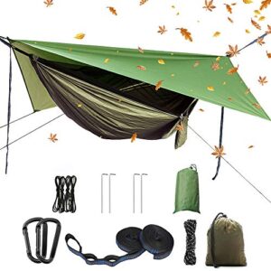 portable single double nylon high strength parachute hammock rainfly set, camping hammock with rain fly tarp and mosquito net tent tree straps, backpacking hiking travel yard outdoor activities