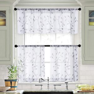 MRTREES Sheer Voile Curtain Valances, Leaves Embroidered Valance Curtains Rod Pocket, Small Sheer Window Curtains Treatment for Bedroom/Living Room/Kitchen/Basement(1 Panel, 54x16 Inches, Grey Leaves)