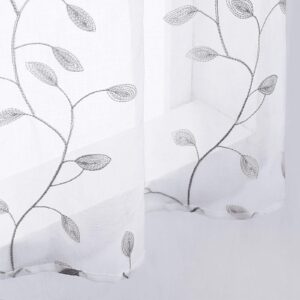 MRTREES Sheer Voile Curtain Valances, Leaves Embroidered Valance Curtains Rod Pocket, Small Sheer Window Curtains Treatment for Bedroom/Living Room/Kitchen/Basement(1 Panel, 54x16 Inches, Grey Leaves)