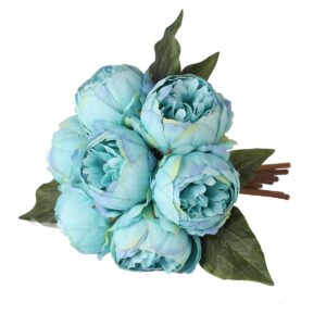 louiesya artificial fake flowers peony 7 flower heads silk flower arrangements wedding bouquets decorations plastic floral table centerpieces home kitchen garden party décor (lake blue)