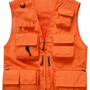 Flygo Men's Casual Lightweight Outdoor Fishing Work Safari Travel Photo Cargo Vest Jacket Multi Pockets(XX-Large, Orange)