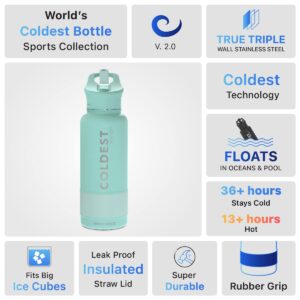 Coldest Sports Water Bottle with Straw Lid Vacuum Insulated Stainless Steel Metal Thermos Bottles Reusable Leak Proof Flask for Sports Gym (Mint Green)