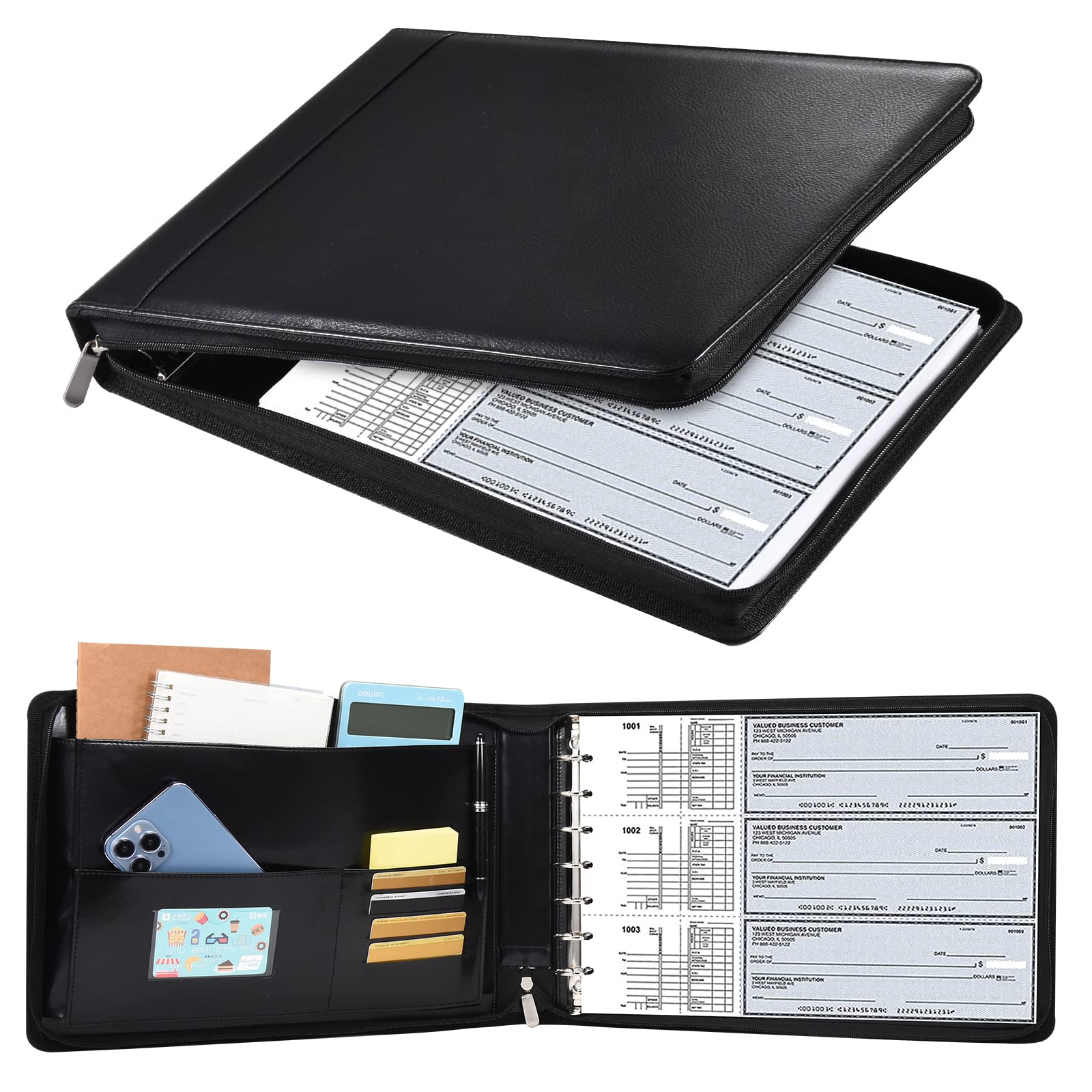 Business Check 7 Ring Checkbook Binder, PU Leather Portfolio, Built in Storage Organizer [Black]