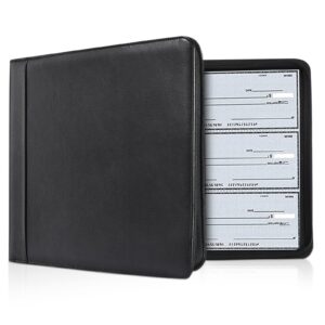 Business Check 7 Ring Checkbook Binder, PU Leather Portfolio, Built in Storage Organizer [Black]