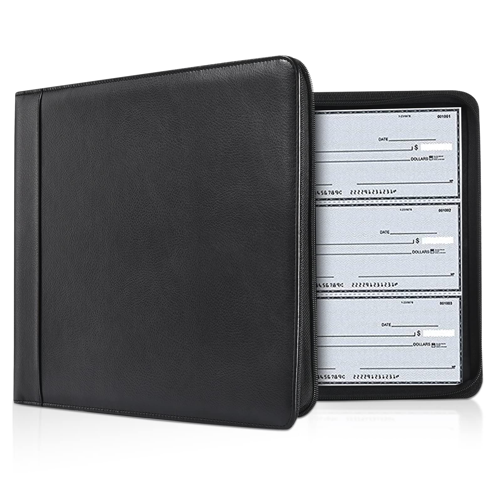 Business Check 7 Ring Checkbook Binder, PU Leather Portfolio, Built in Storage Organizer [Black]