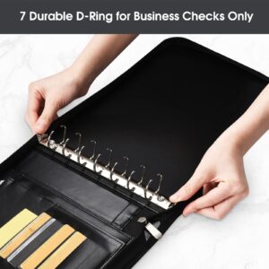 Business Check 7 Ring Checkbook Binder, PU Leather Portfolio, Built in Storage Organizer [Black]