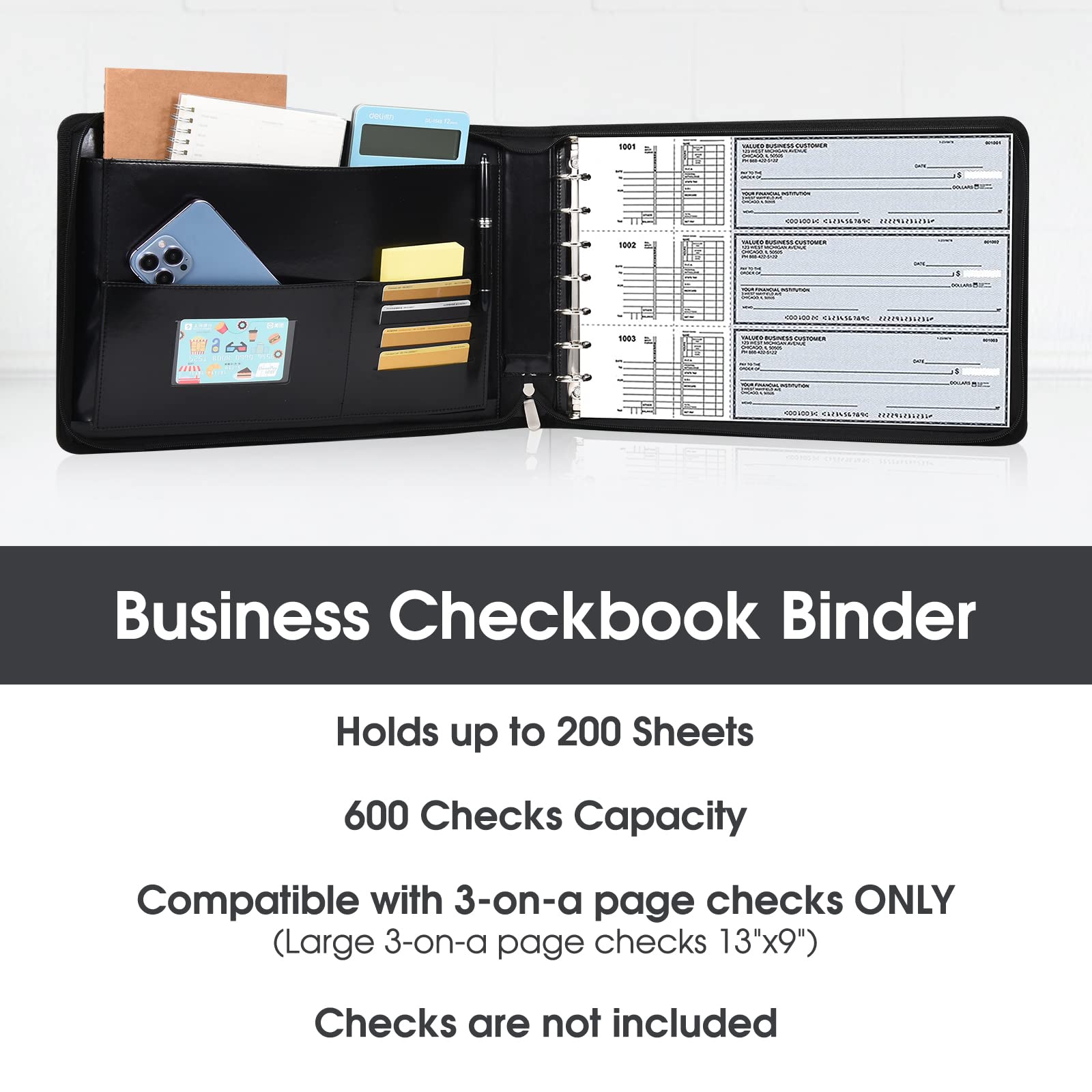 Business Check 7 Ring Checkbook Binder, PU Leather Portfolio, Built in Storage Organizer [Black]