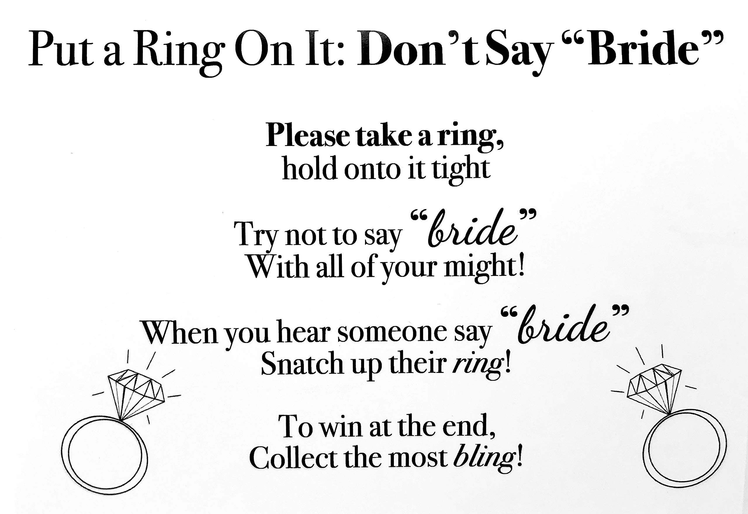 Put a Ring On It Bridal Shower Game with rings - Bridal shower ring game with Don't Say Bride Game Rules and 36 Plastic Diamond Rings for guests