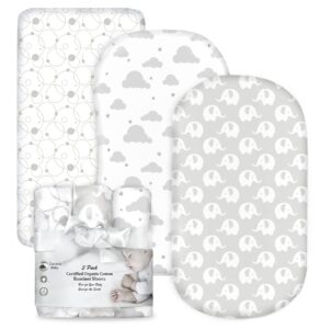 100% organic cotton fitted bassinet sheets fits halo, snoo, graco, dream on me, delta, and all other standard size bassinets. 3 pk adapts to oval, hourglass & rectangle shaped bassinet pads.