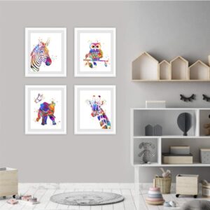 Dignovel Studios Unframed (Set of 4) 8X10 Baby Animals Watercolor Art Print Set Nursery Decor Zebra Owl Elephant Giraffe dnc8