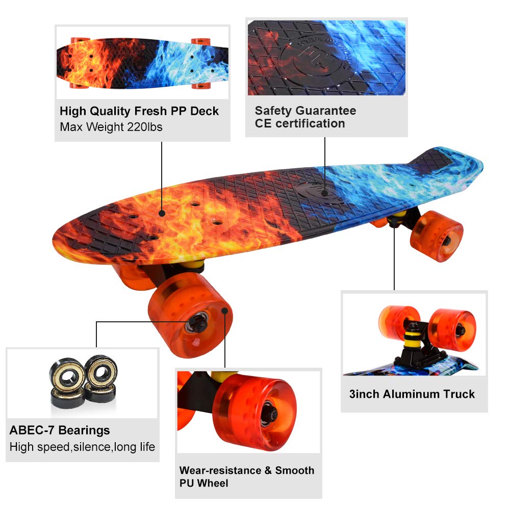 ChromeWheels Skateboards 22 inch Complete Skateboard Deck Mini Cruiser for Kids Boys Girls Youths Beginners, Fire