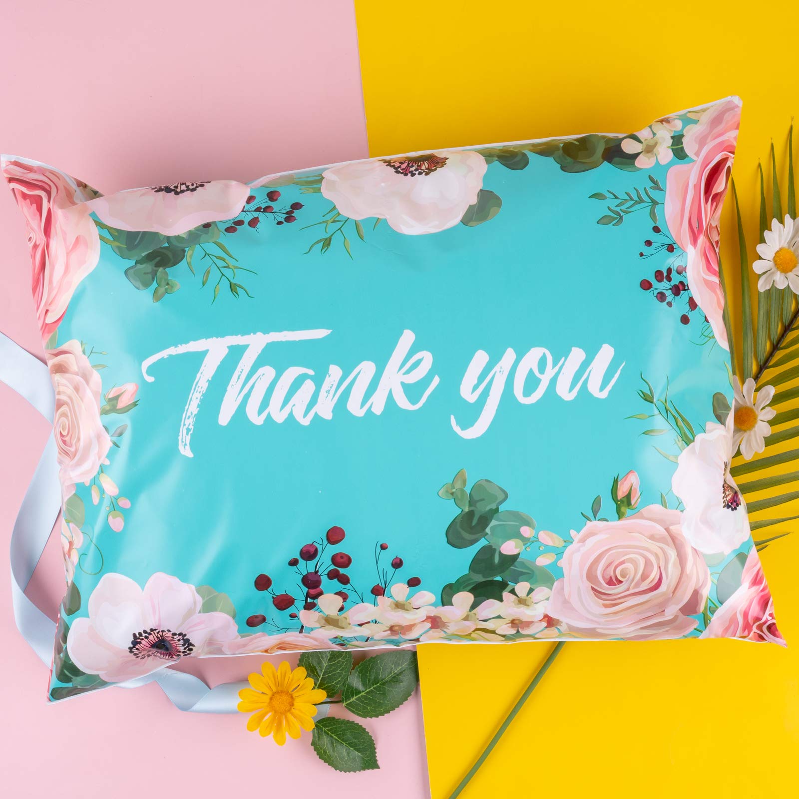 RUSPEPA 14.5x19 Inch Poly Mailers Shipping Bags Thank You Notes Flowers Surrounded Teal Poly Mailers 3 Mil Heavy Duty Self Seal Mailing Envelopes - 50 Pack