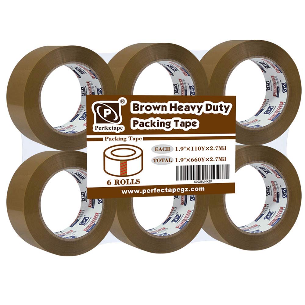 PERFECTAPE Heavy Duty Brown Packing Tape 6 Rolls, Total 660Y, 2.7 mil, 1.88 inch x 110 Yards, Ultra Strong, Refill for Packaging and Shipping(Not Paper Tape)