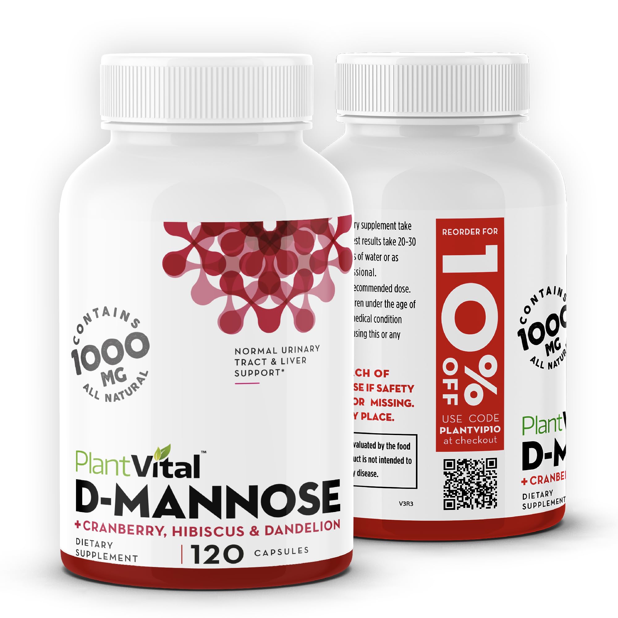 Plantvital D Mannose Capsules with Cranberry - D-mannose 1000mg Capsules - High Potency for Bladder, Kidney and Urinary Tract Support. Cranberry Powder with Hibiscus and Dandelion. 2 Months Supply