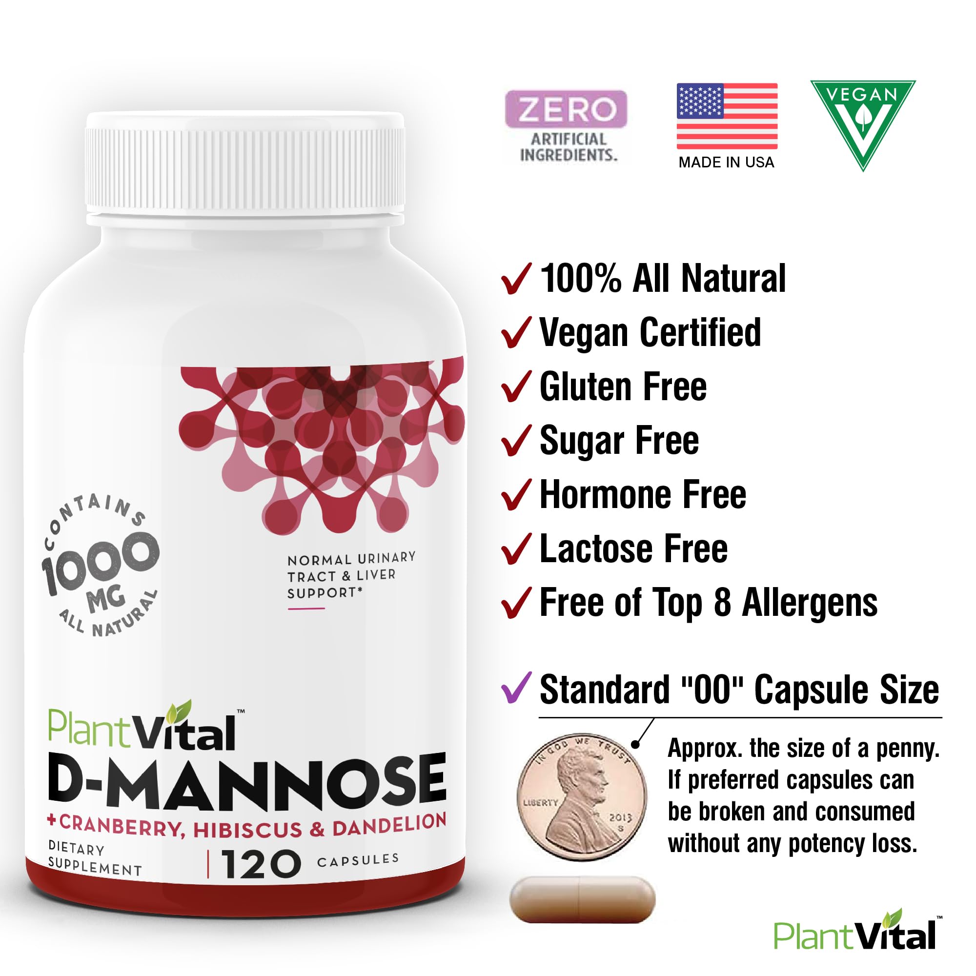 Plantvital D Mannose Capsules with Cranberry - D-mannose 1000mg Capsules - High Potency for Bladder, Kidney and Urinary Tract Support. Cranberry Powder with Hibiscus and Dandelion. 2 Months Supply