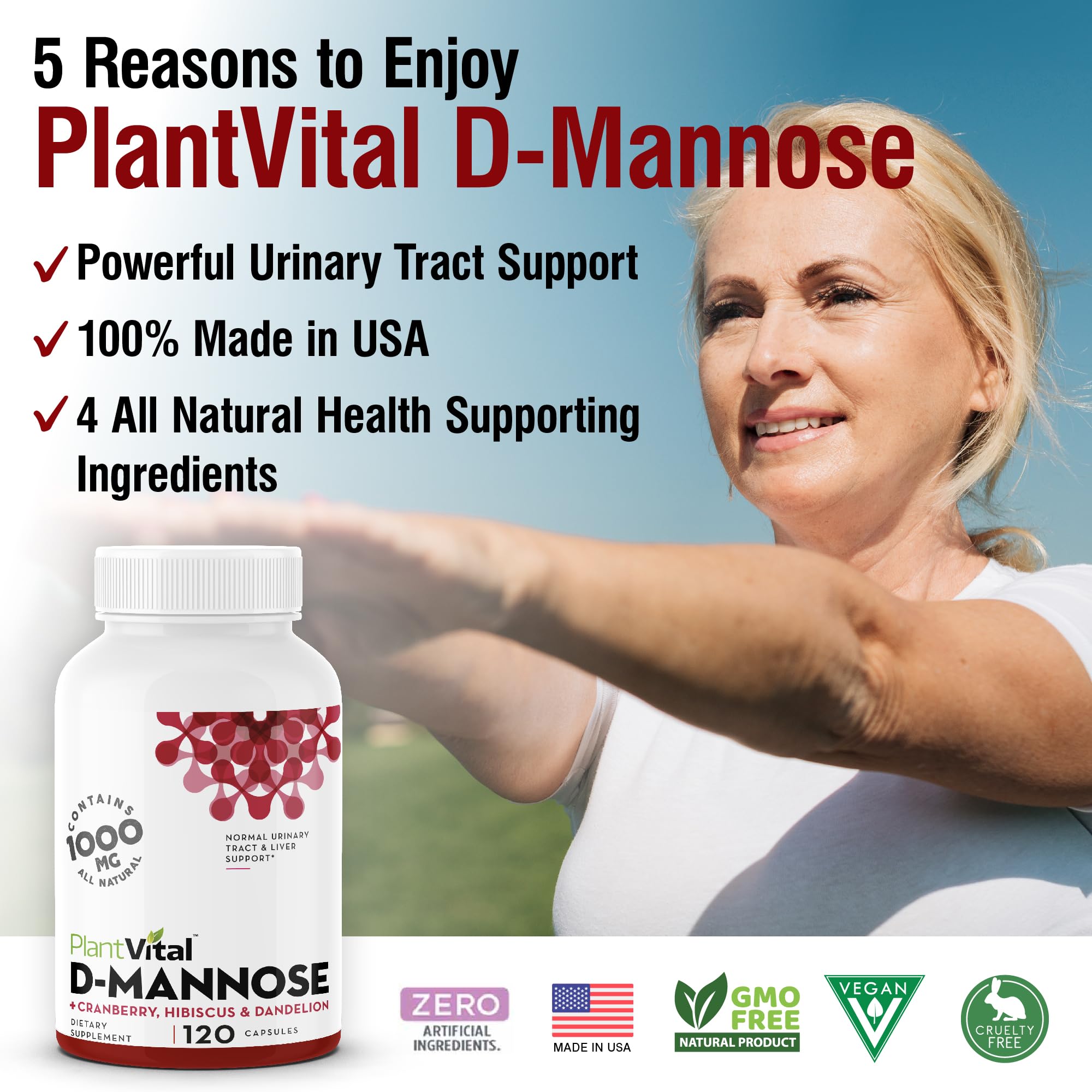 Plantvital D Mannose Capsules with Cranberry - D-mannose 1000mg Capsules - High Potency for Bladder, Kidney and Urinary Tract Support. Cranberry Powder with Hibiscus and Dandelion. 2 Months Supply