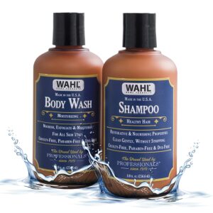 wahl body wash & shampoo shower combo kit with essential oils for men, restorative, nourishing, exfoliating & moisturizing with meadowfoam seed oil, clove oil & moringa oil, brown - model 805701