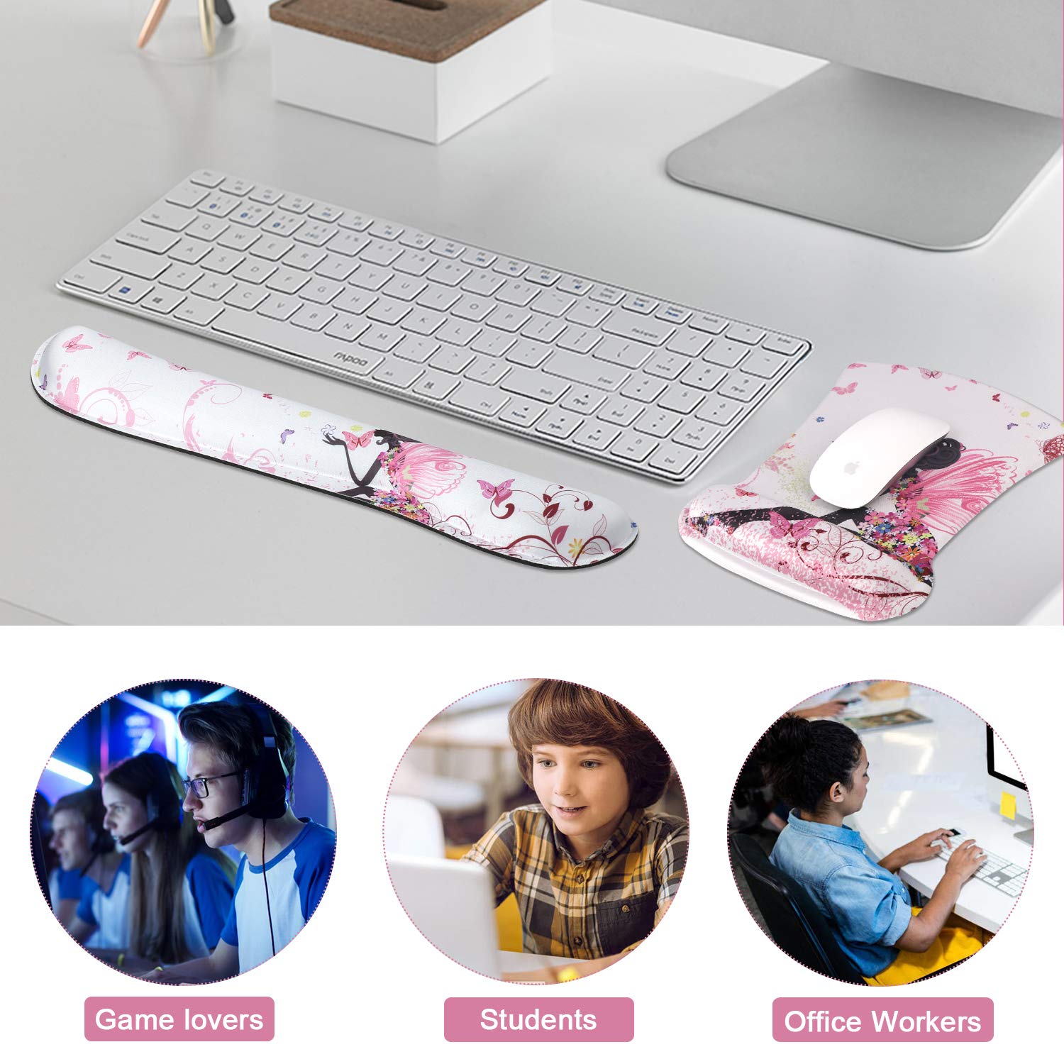 iCasso Keyboard Wrist Rest and Mouse Wrist Rest Pad, Made of Memory Foam, Ergonomic Support, Easy Typing and Relieve Wrist Pain, Perfect for Gaming, Computer, Office, Laptop (Butterfly Girl)