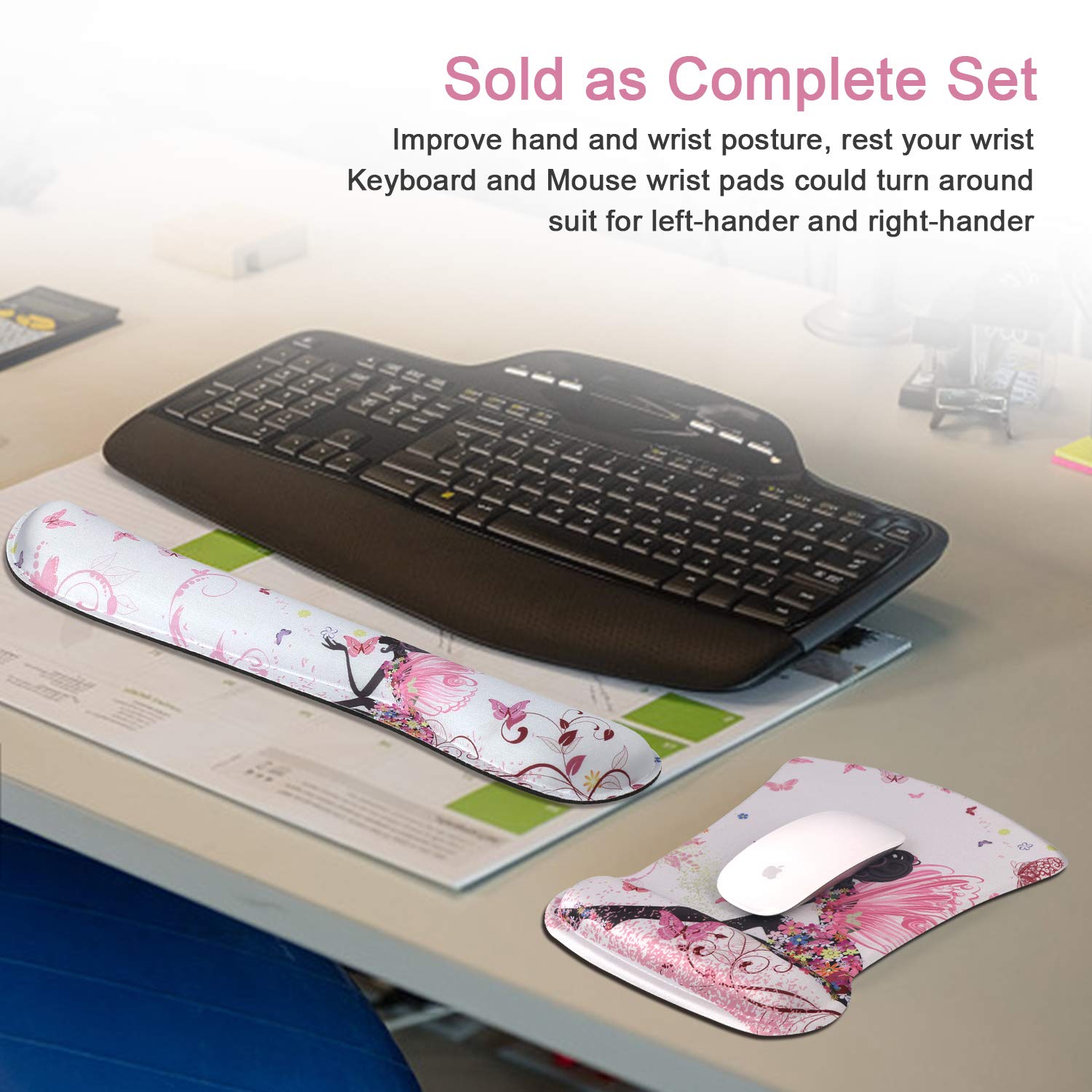 iCasso Keyboard Wrist Rest and Mouse Wrist Rest Pad, Made of Memory Foam, Ergonomic Support, Easy Typing and Relieve Wrist Pain, Perfect for Gaming, Computer, Office, Laptop (Butterfly Girl)